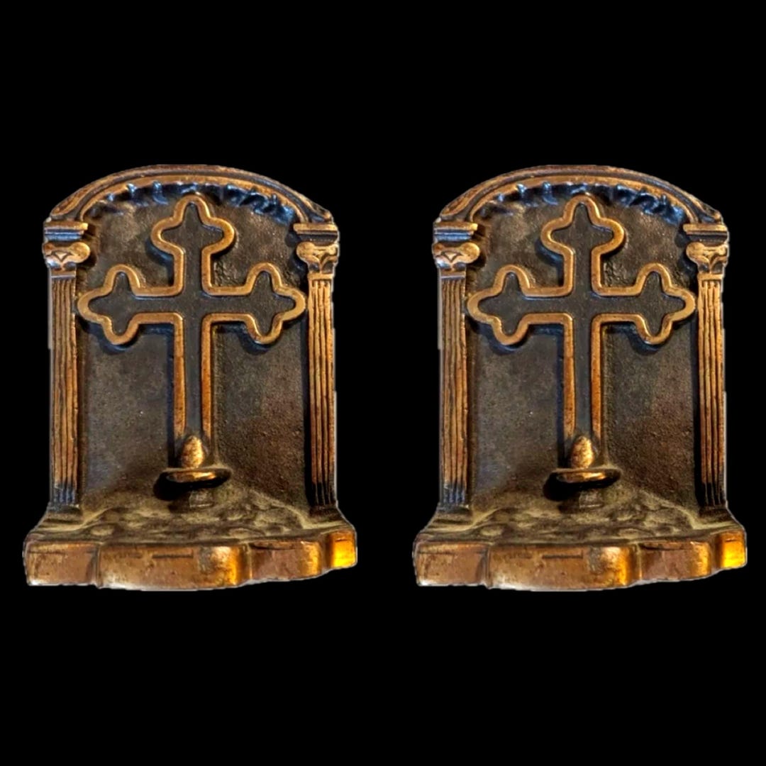 Vintage Brass Bookends With Gothic Crucifix Design - Bookshelf and ...