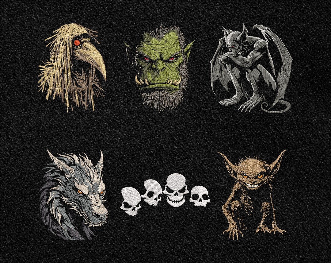 Fantasy Monster Embroidery Designs Bundle: Orc, Goblin, Dragon ...