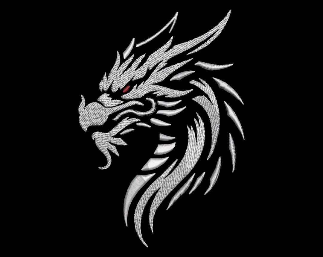 Silver Dragon Head Embroidery Design - Power Emblem for Dark Fabric ...