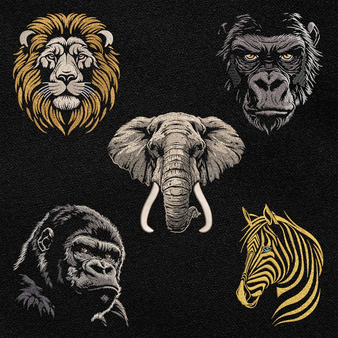 African Animals Embroidery Designs SET - Lion, Elephant, Gorilla ...