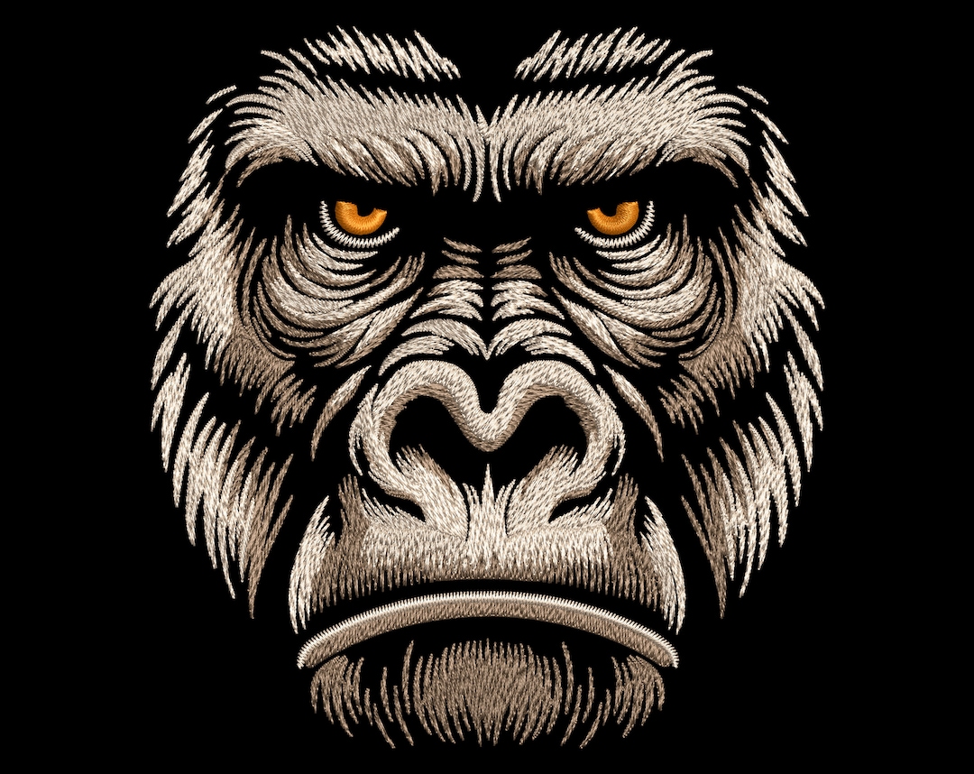 Gorilla Face Embroidery Design - Realistic Wild Animal for Dark Fabric ...