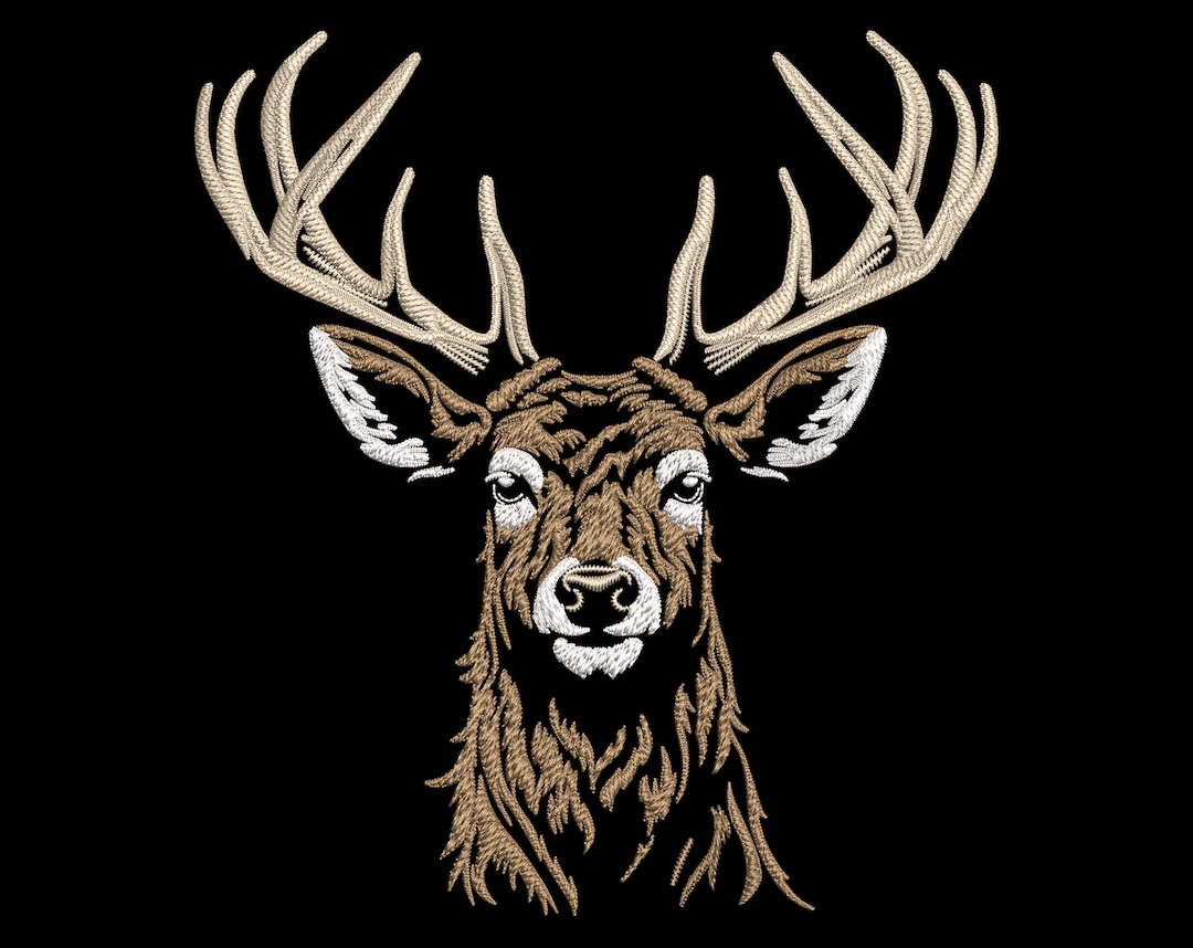 Realistic Deer Head Embroidery Design - Big Antlered Buck on Dark ...