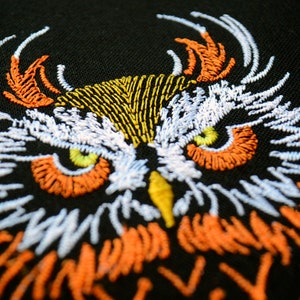 Sketch Night Owl Embroidery Design - Vibrant Orange Bird Head for Dark ...