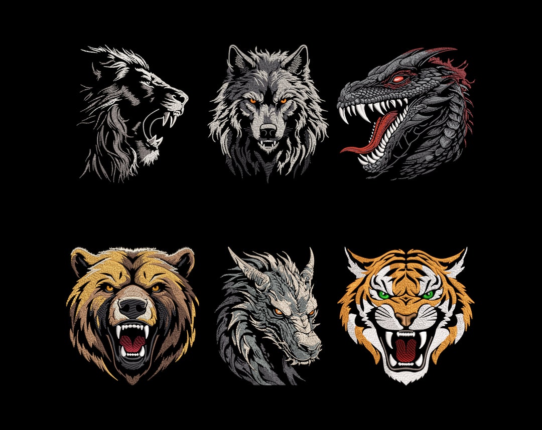 Fierce Predators Embroidery Designs Bundle, Strong Bear, Angry Tiger ...
