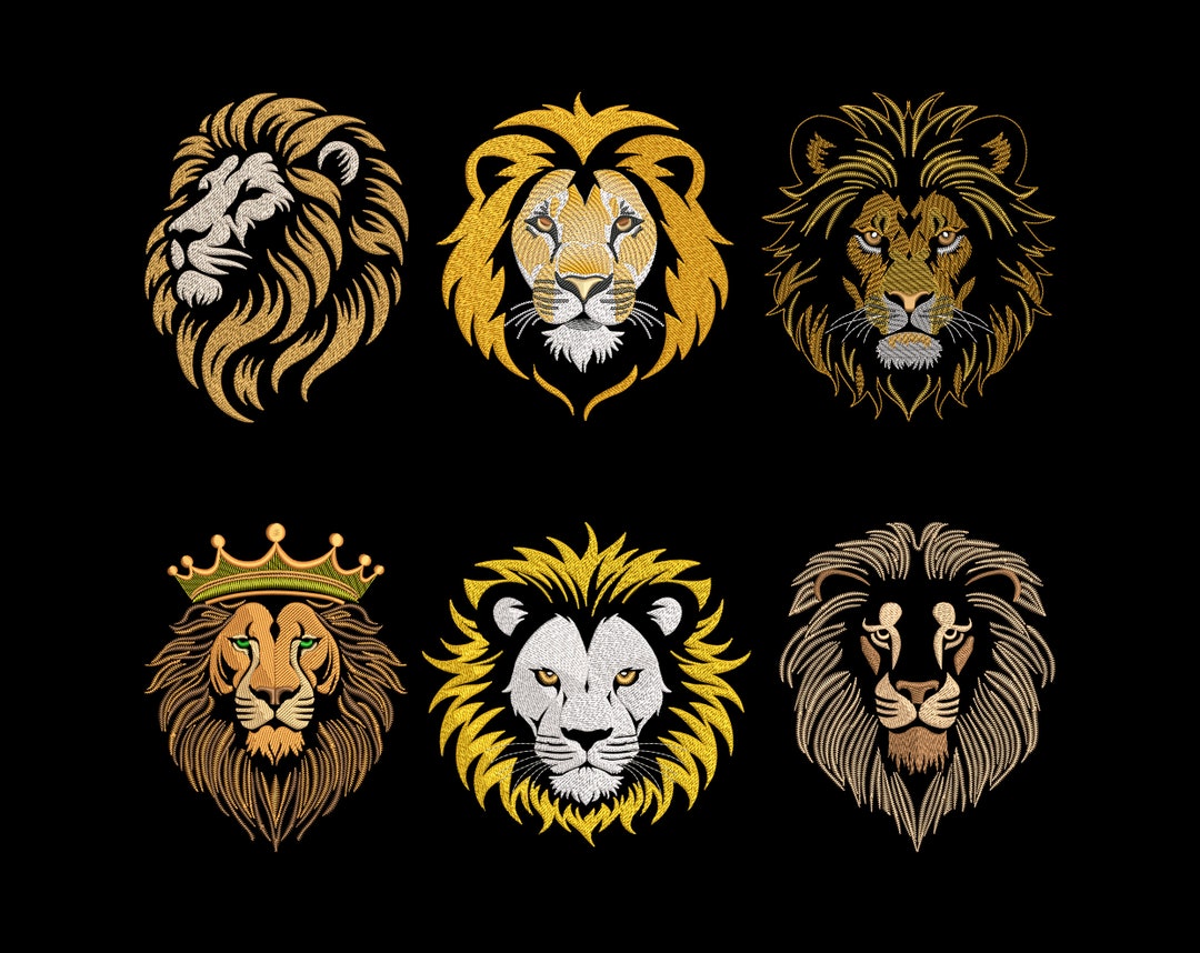 Six Regal Lions Embroidery Design SET - Royal Jungle King for Dark ...