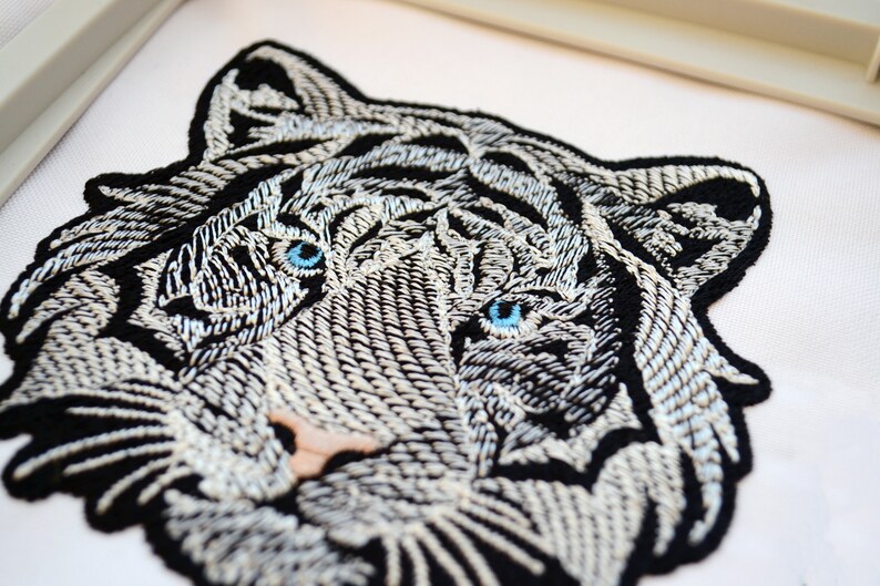 White Tiger Embroidery Design on Black Stitched Underlay - Wild Jungle ...