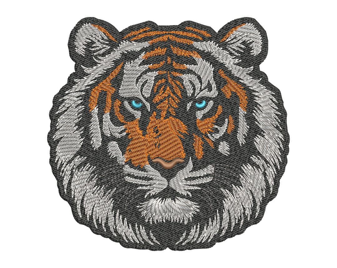 Realistic Tiger Head Embroidery Design - Majestic Jungle Nature on Dark ...