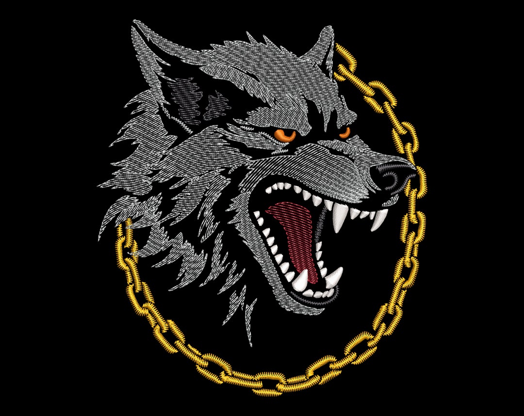 Quick Stitch Fierce Wolf Embroidery Design - Golden Chain Encircled ...