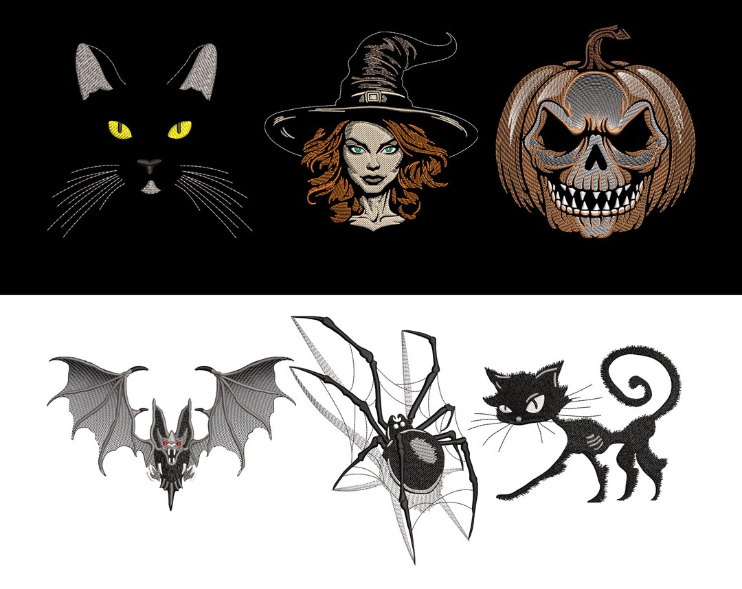 Halloween Witch Embroidery Bundle - Bat, Black Cat, Pumpkin Skull ...