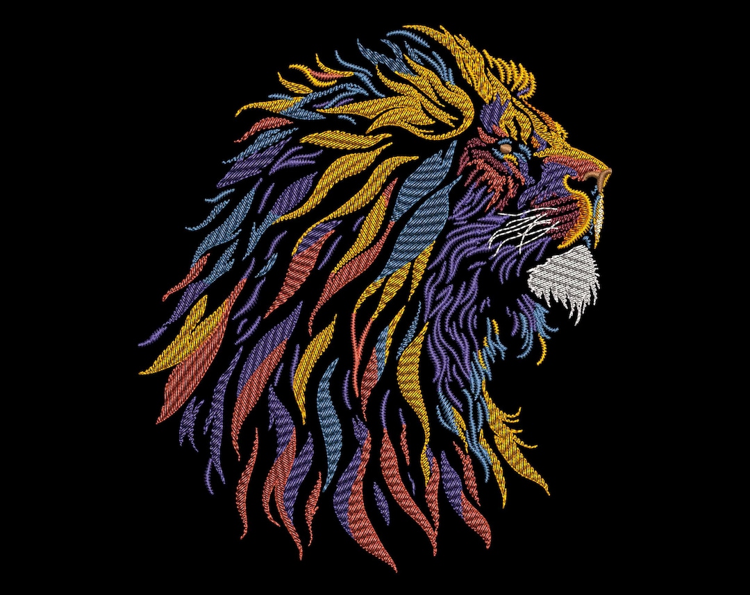 Colorful Lion Head Embroidery Design for Dark Fabric, Sketch Stitch ...