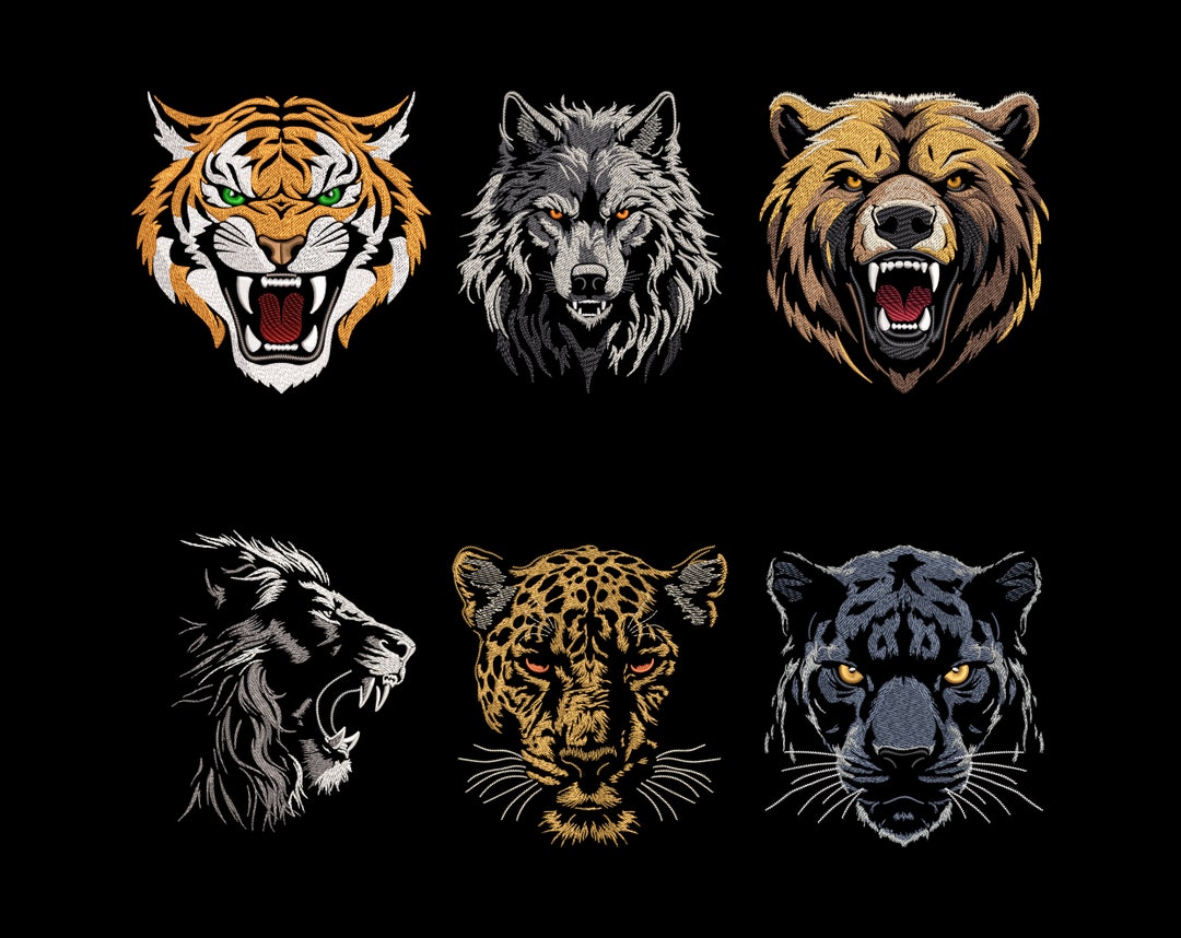 Fierce Predators Embroidery Designs SET, Angry Tiger, Bear, Lion ...