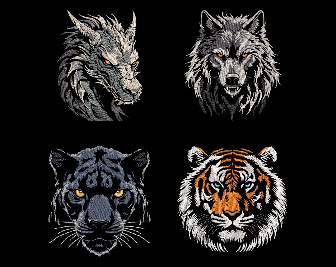 Mystical Animal Head Embroidery Designs SET - Fantasy Dragon, Realistic ...
