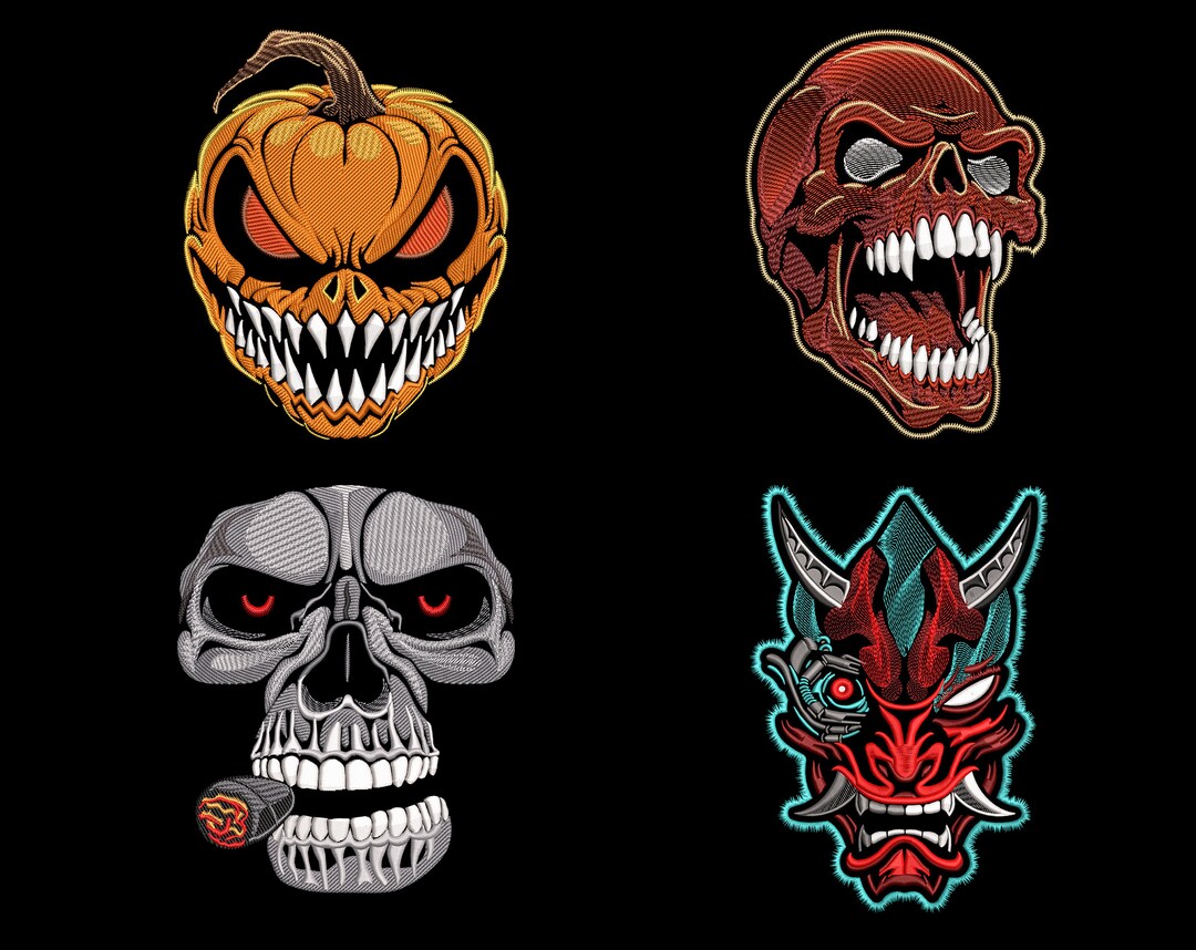 Halloween Brutal Skulls Embroidery Bundle - Cyberpunk Demon, Red ...