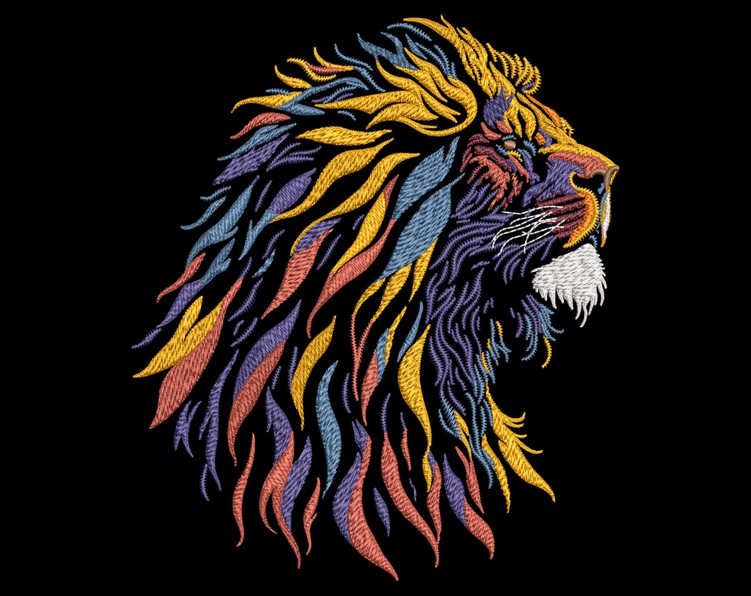 Colorful Lion Head Embroidery Design - Vibrant Fill Stitch Wild Animal ...