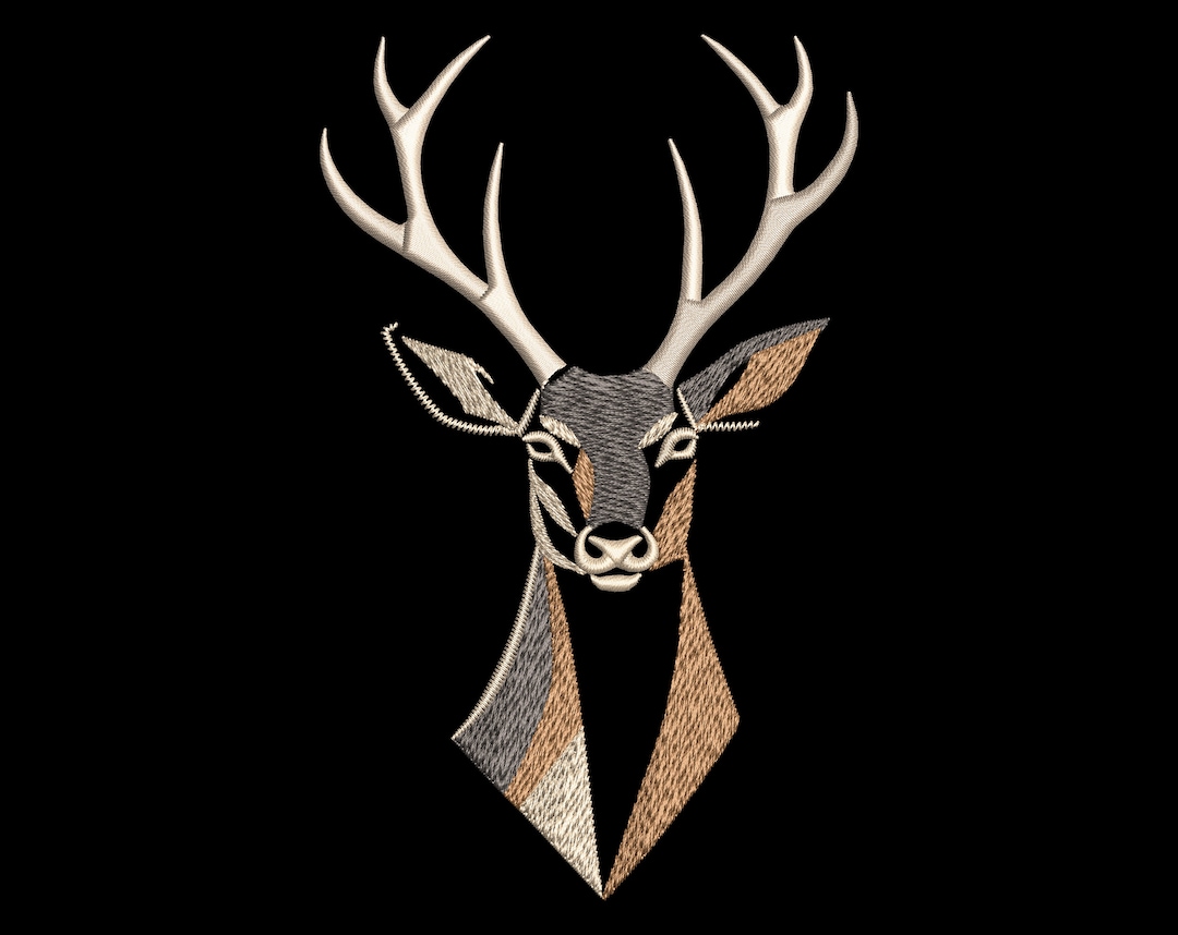 Elegant Deer Head Embroidery Design, Geometric Antlered Buck on Dark ...