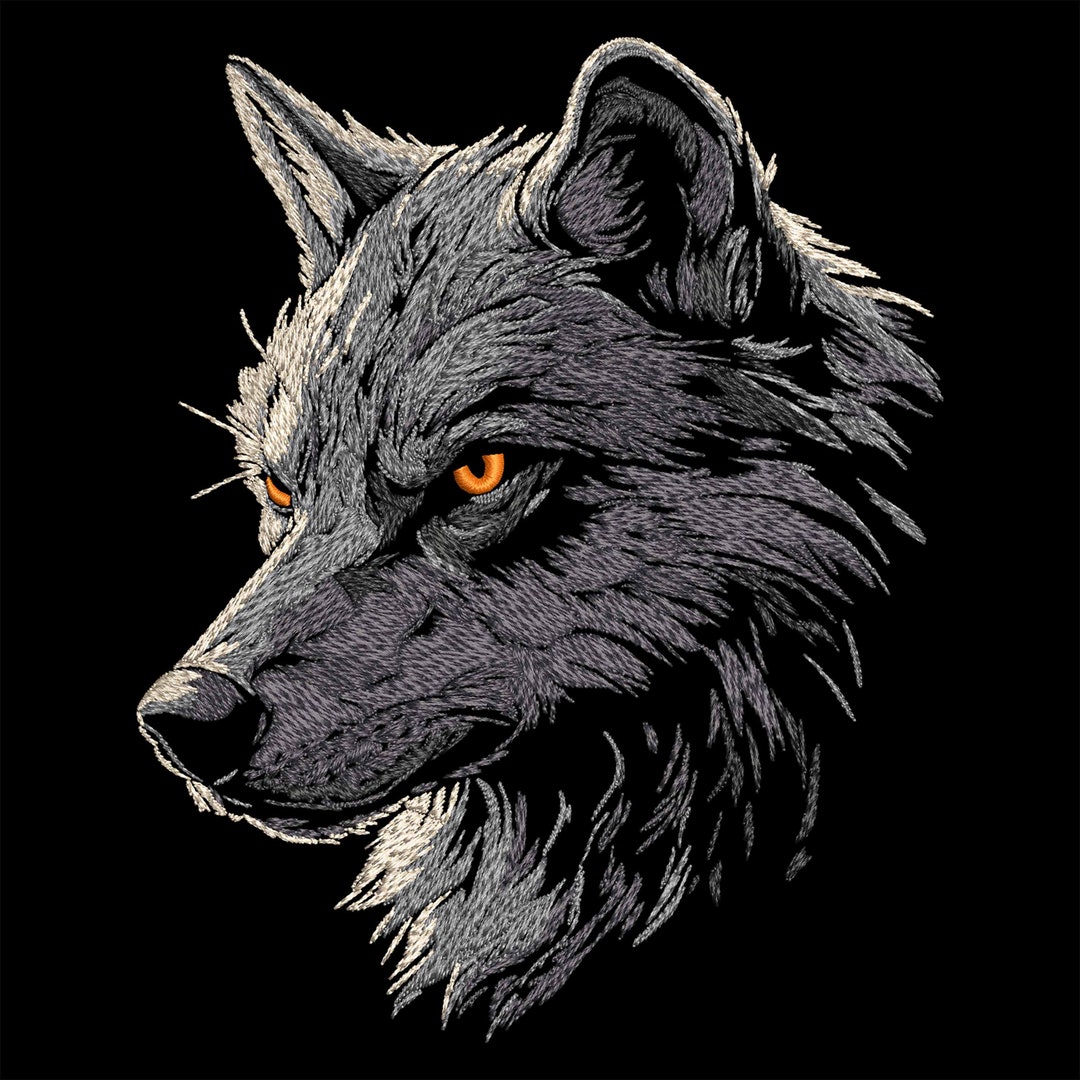 Black Wolf Head Embroidery Design - Realistic Forest Animal Face for Dark Fabric, Wild Spirit ...