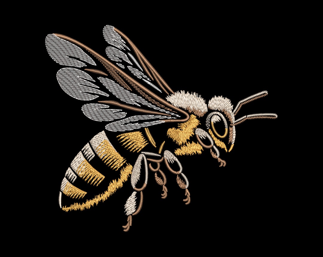 Realistic Honeybee Embroidery Design - Lifelike Bee Art on Black Fabric ...