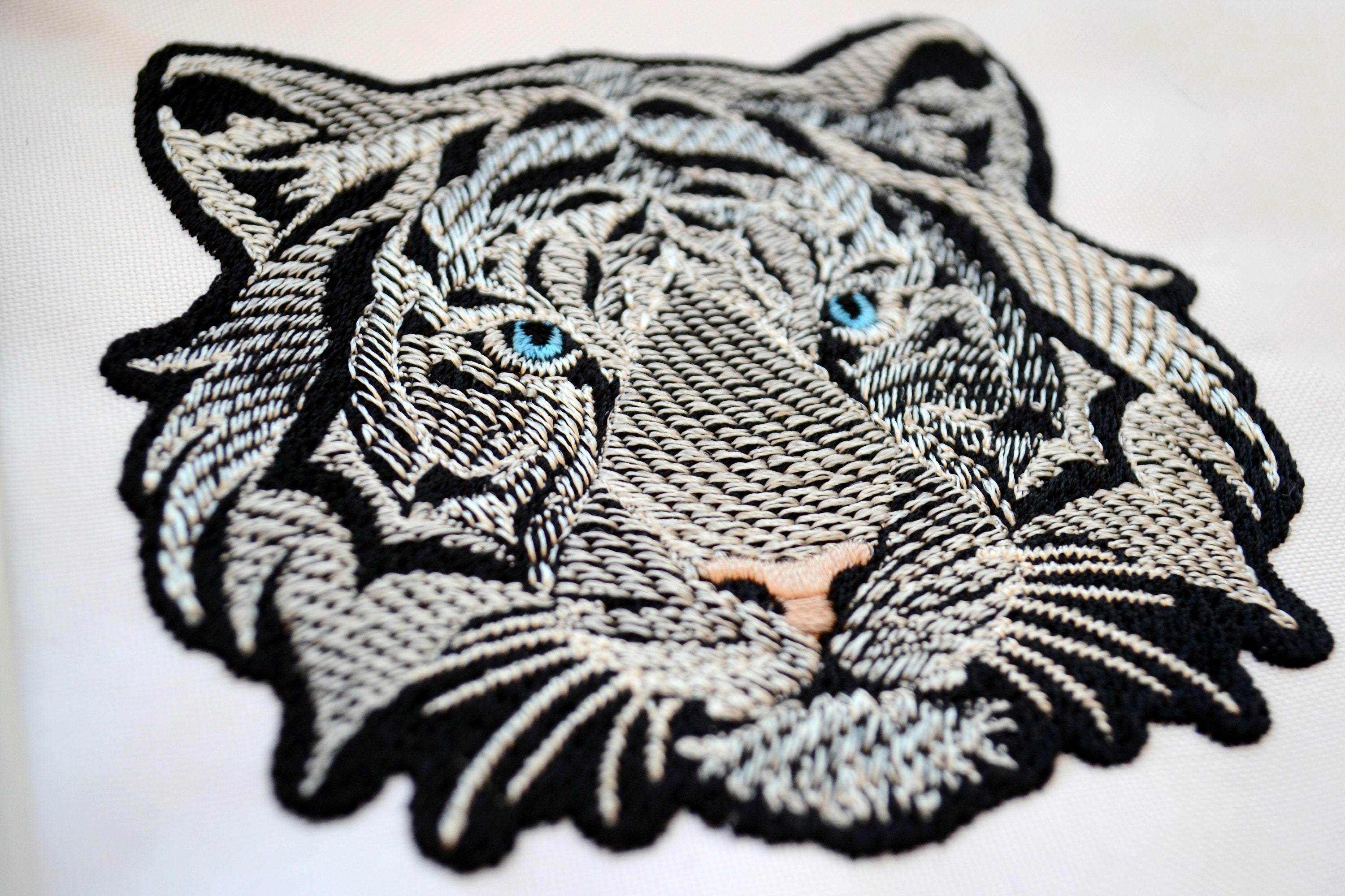 White Tiger Embroidery Design on Black Stitched Underlay - Wild Jungle ...