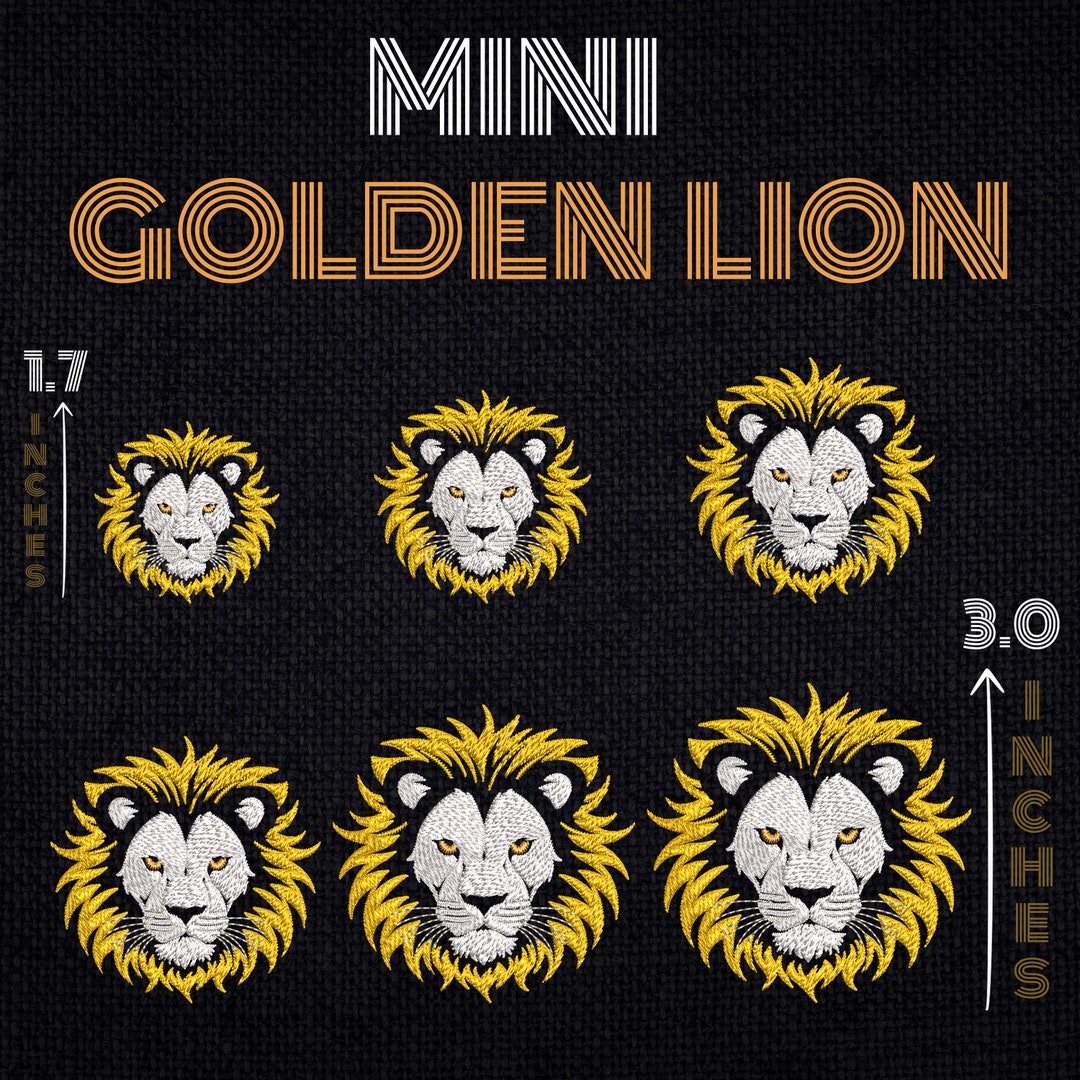Mini Golden Lion Embroidery Design - King of Jungle Head - Dark Fabric ...