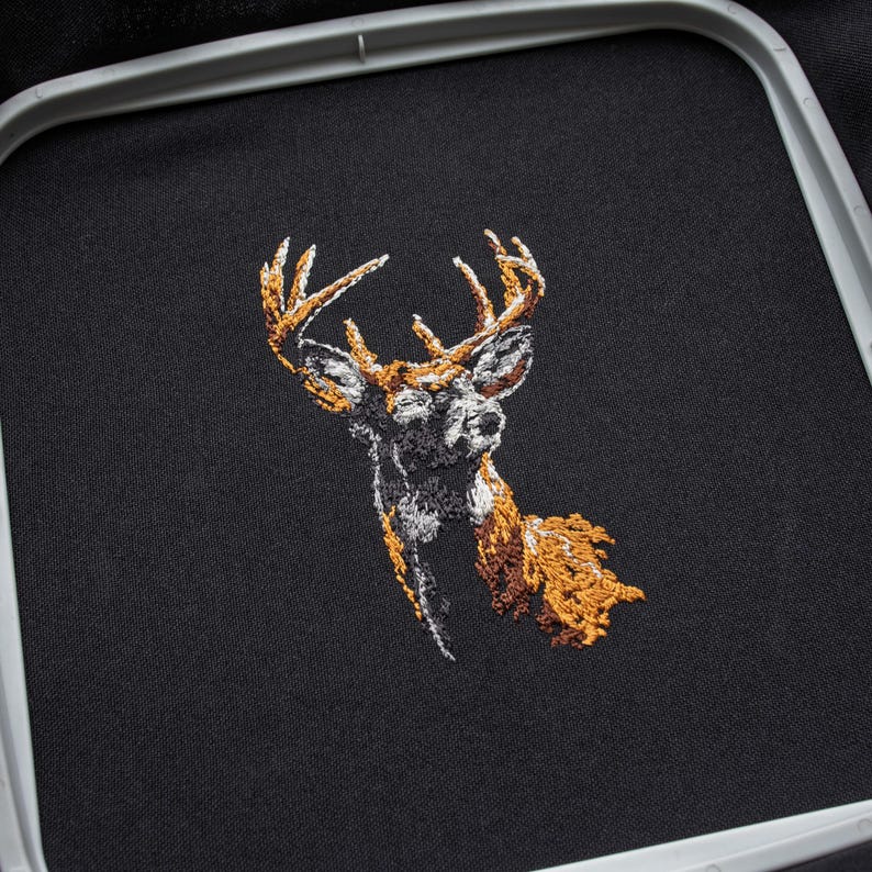 Deer Embroidery Design: Realistic Buck Portrait, Dark Fabric Ready ...