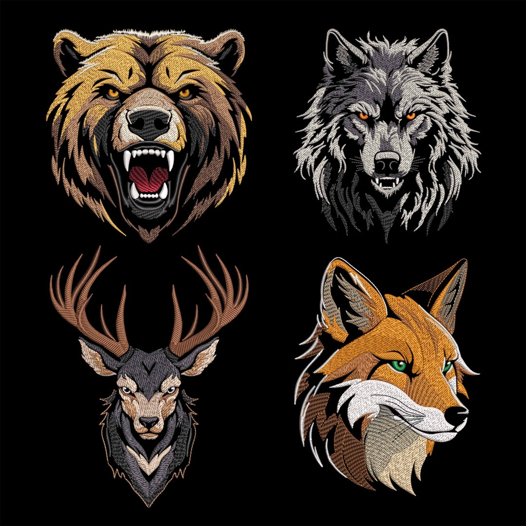 Wild Animals Embroidery Designs Bundle - Fierce Bear, Mystic Wolf, Red ...