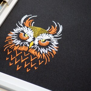 Sketch Night Owl Embroidery Design - Vibrant Orange Bird Head for Dark ...