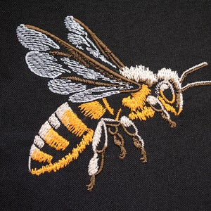 Realistic Honeybee Embroidery Design - Lifelike Bee Art on Black Fabric ...
