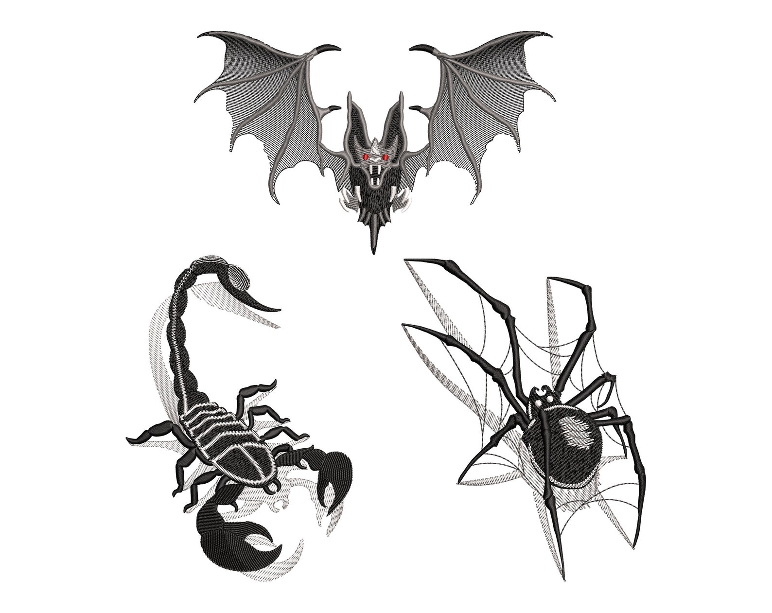 Gothic Embroidery Designs Bundle - Lifelike Creepy Bat, Scorpion, and ...