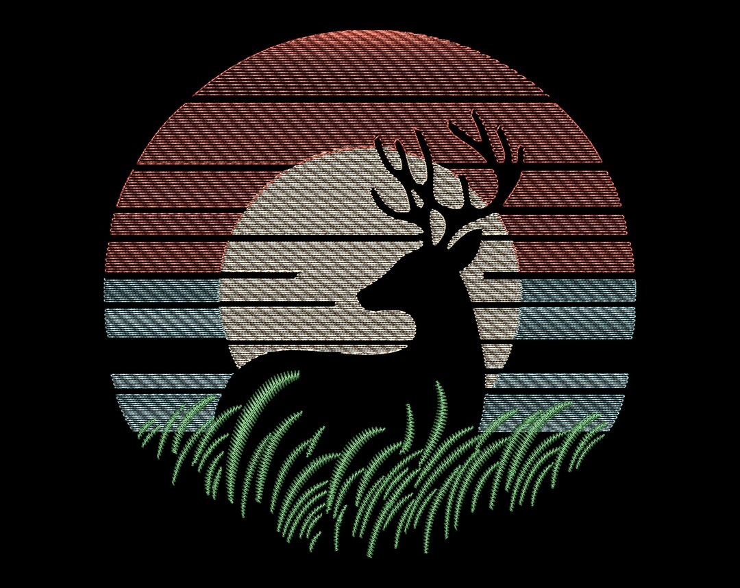 Quick Stitch Sunset Deer Embroidery Design - Forest Silhouette Against ...