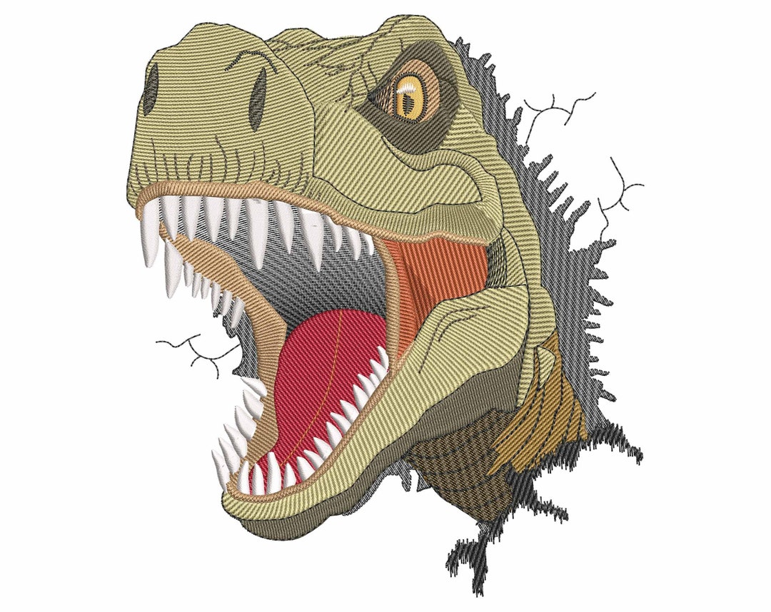 T-REX Head Embroidery Design, Roaring Tyrannosaurus, Dangerous Angry ...