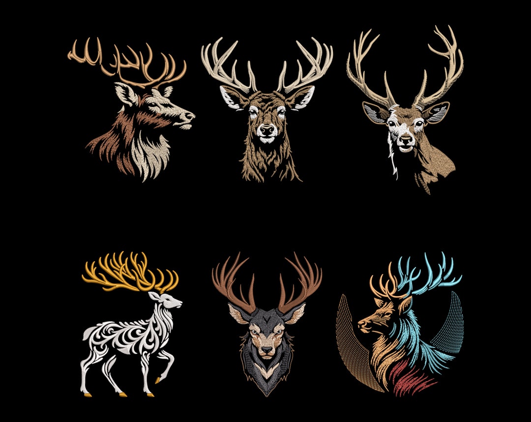 Six Stunning Deer Embroidery Designs SET - Realistic Antlered Buck Head ...
