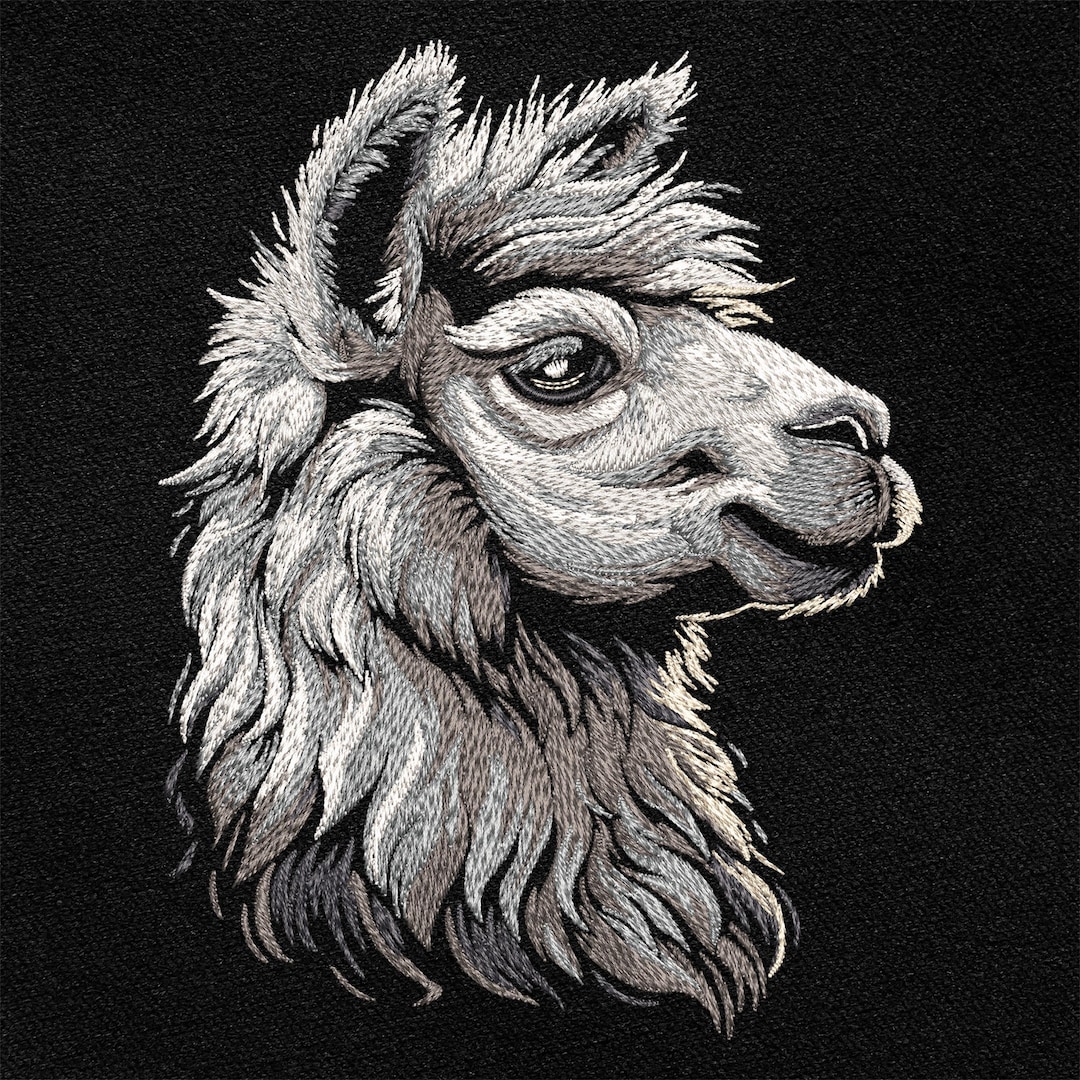 Realistic Llama Embroidery Design, Grayscale Animal Portrait Pattern ...