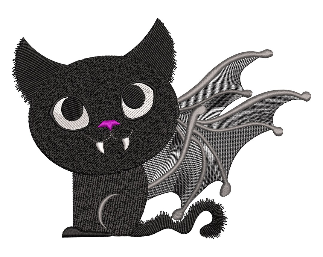 Black Cat Vampire Embroidery Design, Halloween Kitty Bat With Wings ...
