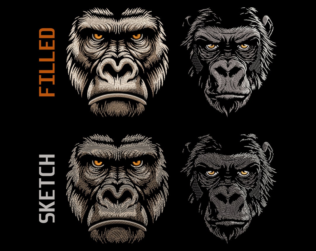 Gorilla Monkey Face Embroidery Designs SET - Realistic Wild Animal for ...