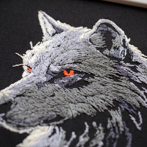 Black Wolf Head Embroidery Design - Realistic Forest Animal Face for Dark Fabric, Wild Spirit ...