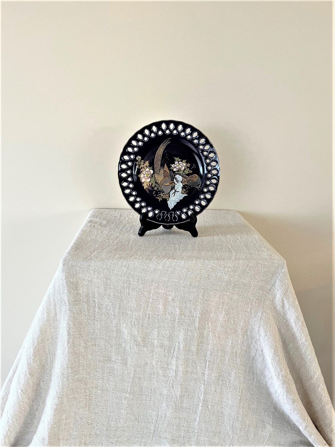 Plate Hanging Blue Lattice With Bird Design Made in Japan-eiho - Etsy