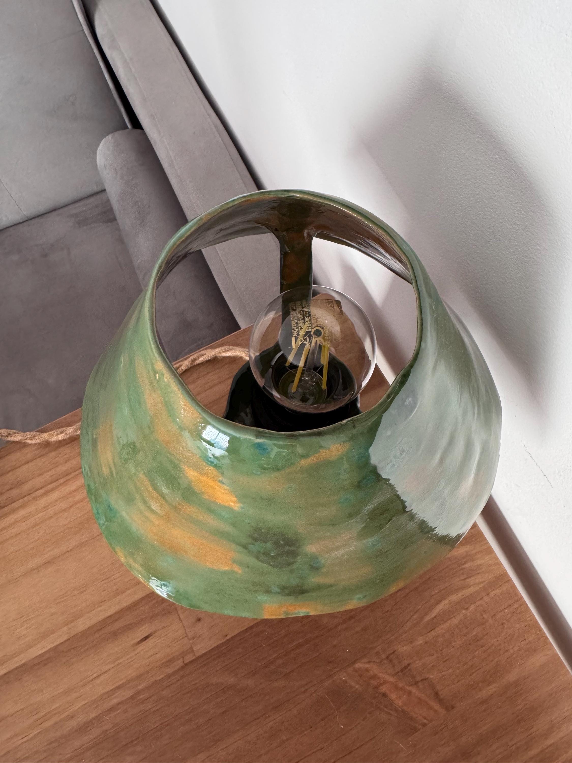 Handmade Green Ceramic Table Lamp, Minimalist Clay Lamp, Modern Bedside ...