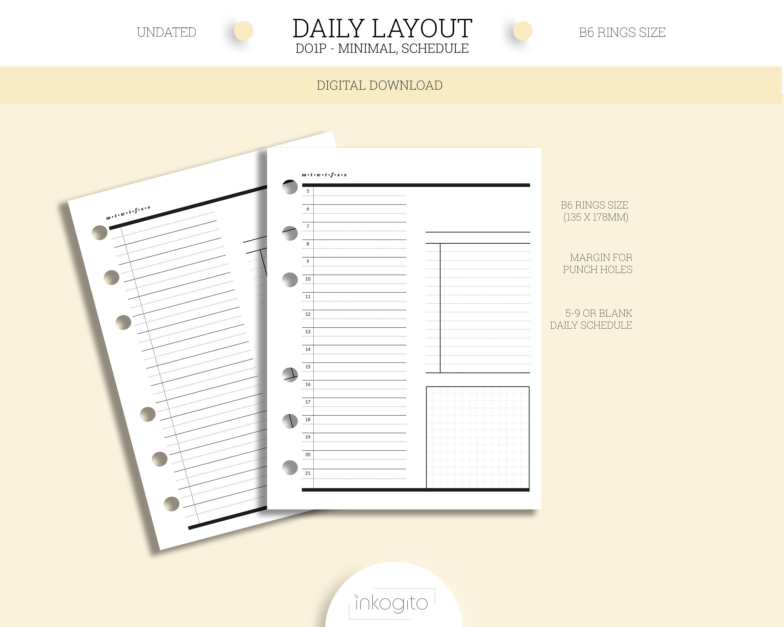 B6 Rings PLANNER Printable Undated Daily Schedule Layout With or ...