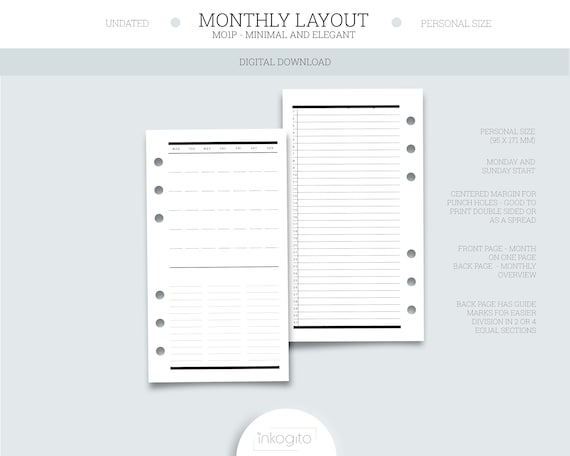 Paper MO1P Mini Happy Planner Printable Insert Undated Minimal Monthly ...