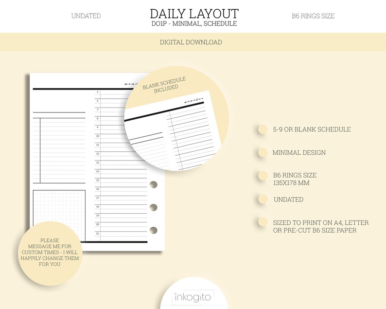 B6 Rings PLANNER Printable Undated Daily Schedule Layout With or ...