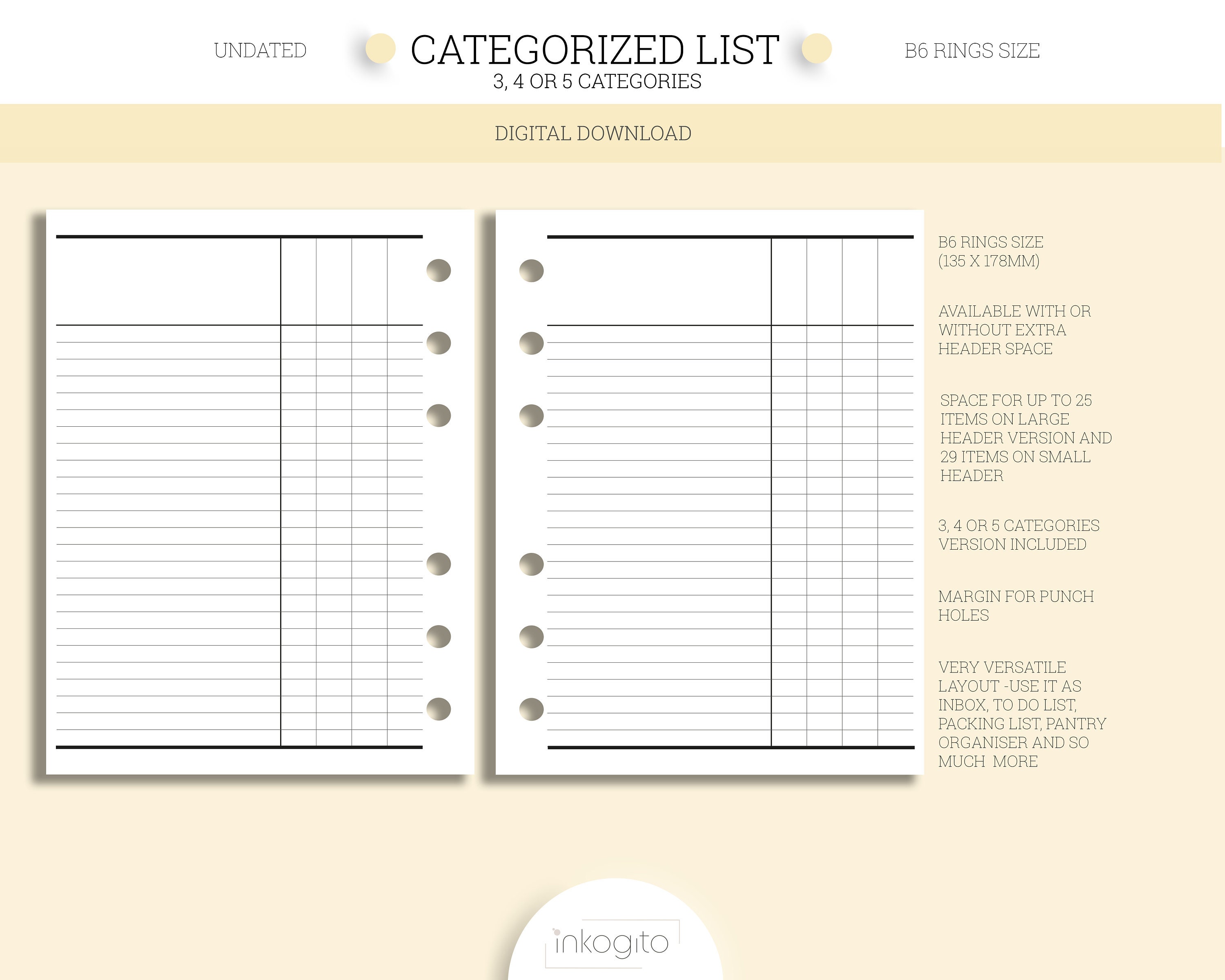 Categorized List Printable Insert to Do List Inbox Shopping - Etsy UK