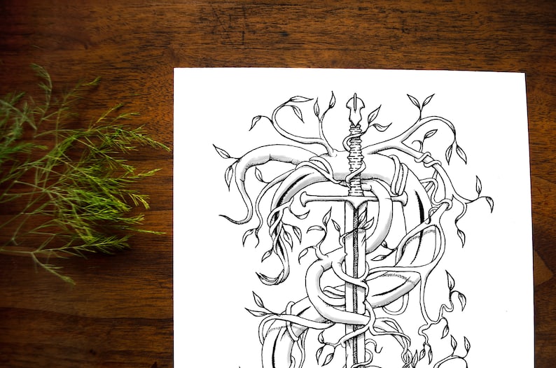 Sword With Vines 5x7, 8x10, 11x14 Inch Art Print Ink Illustration ...