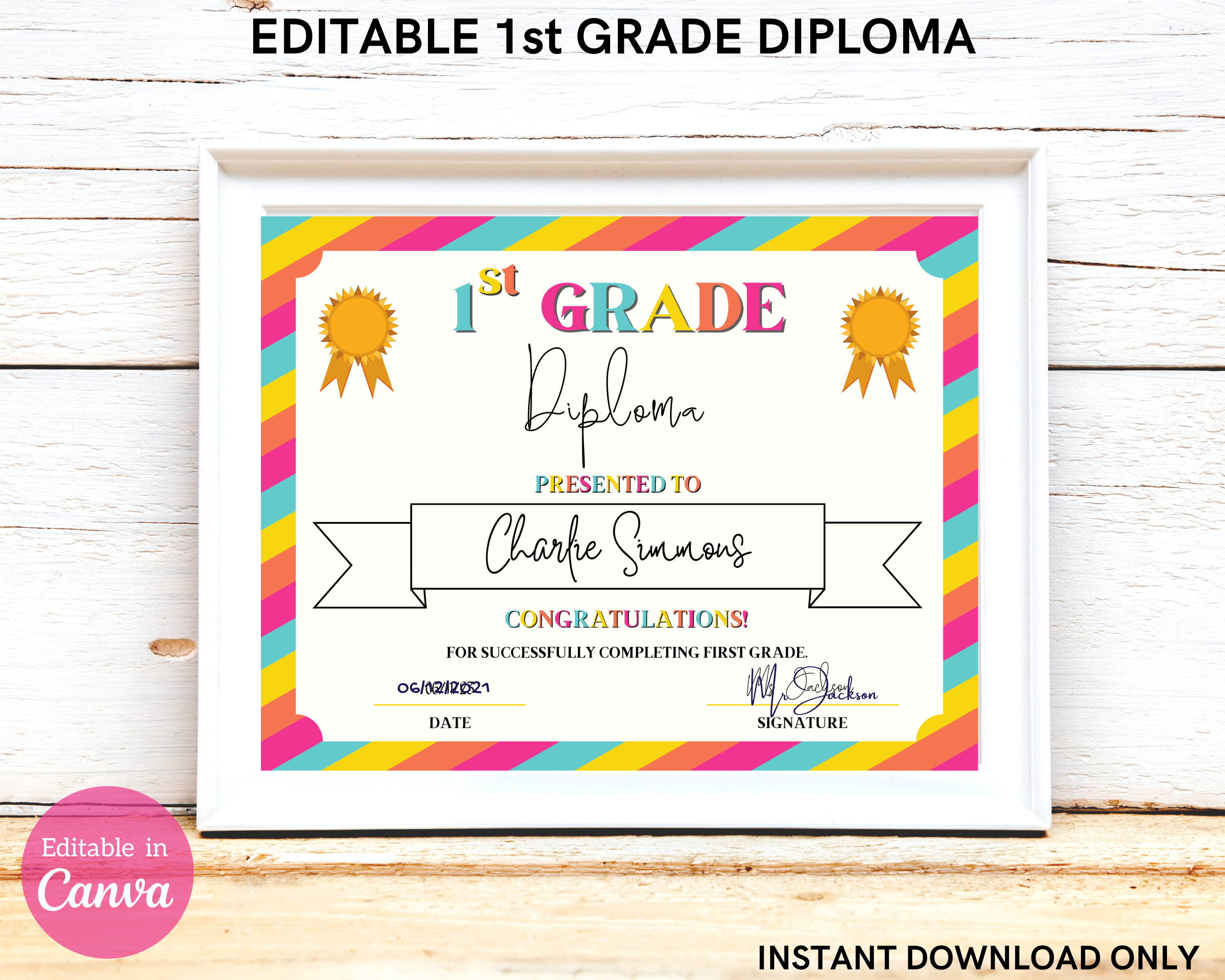 Rainbow 1st Grade Diploma Printable: Editable Graduation Certificate ...