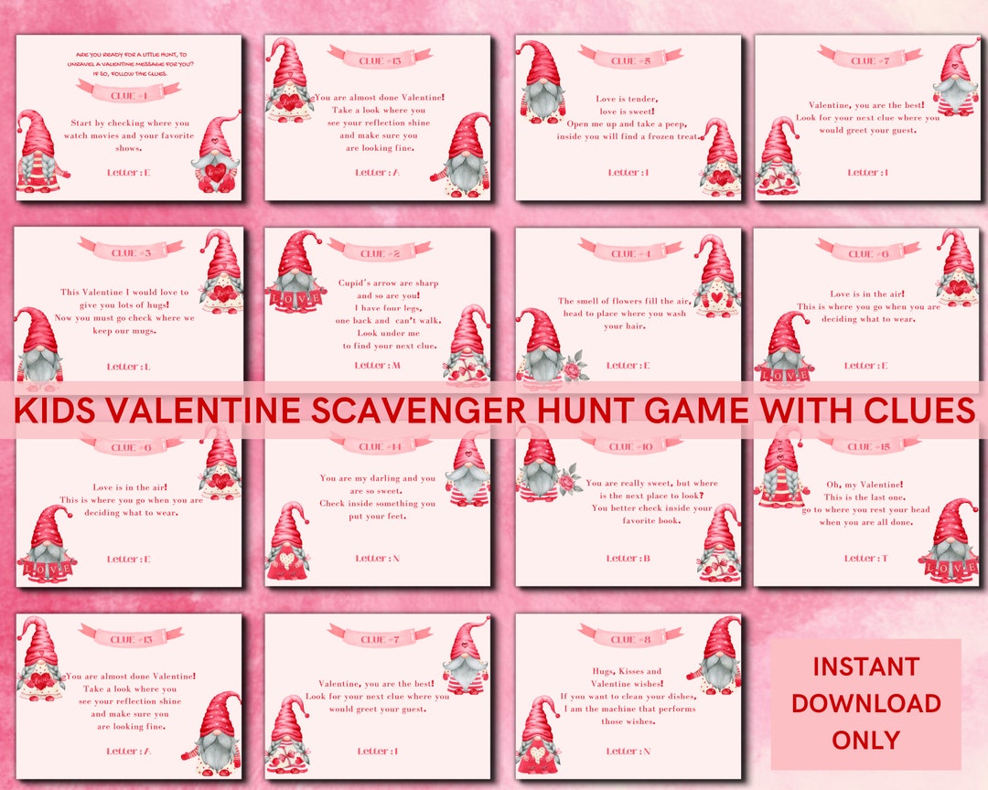 Gnome Valentine Kid's Scavenger/ Treasure Hunt Game for a Fun Activity ...