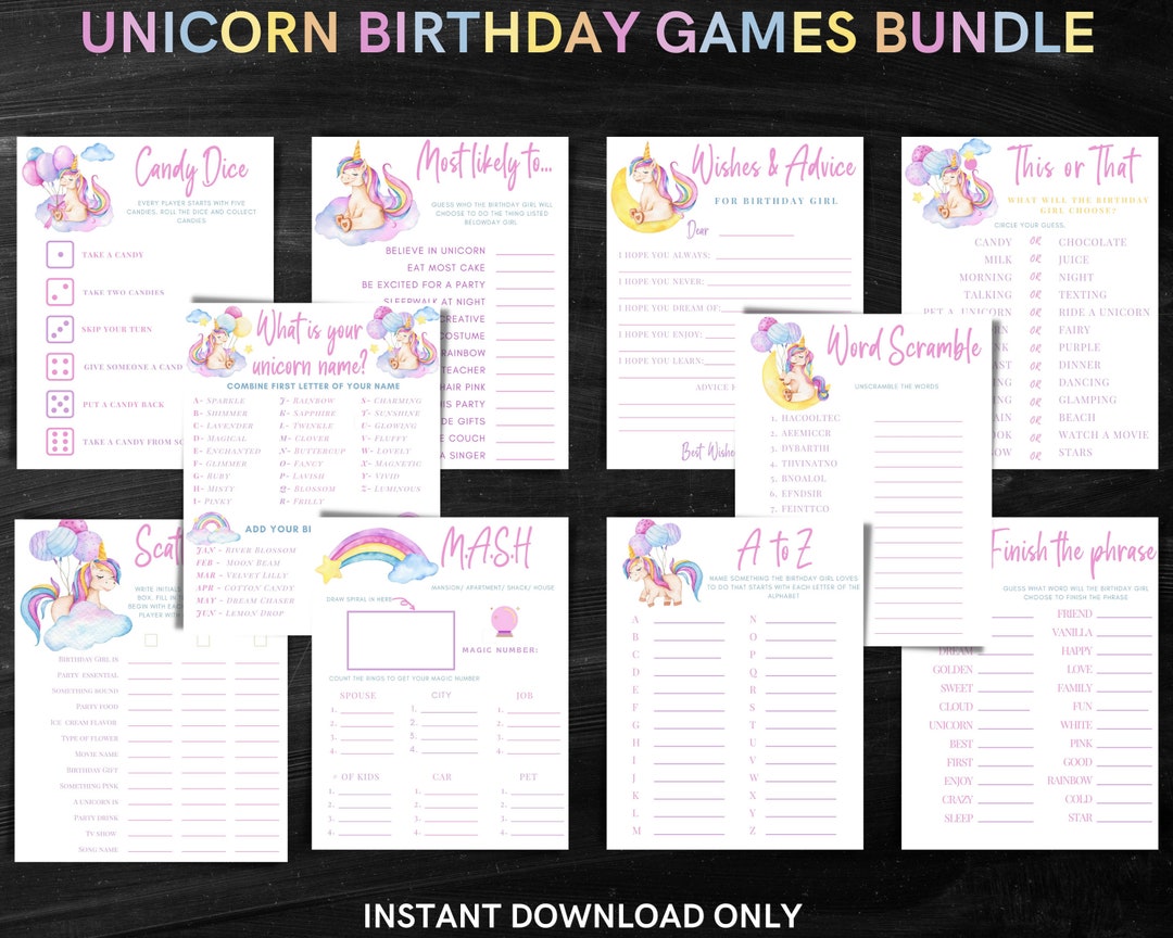 Unicorn Girl Birthday Party Games Bundle Includes 10 Fun - Etsy