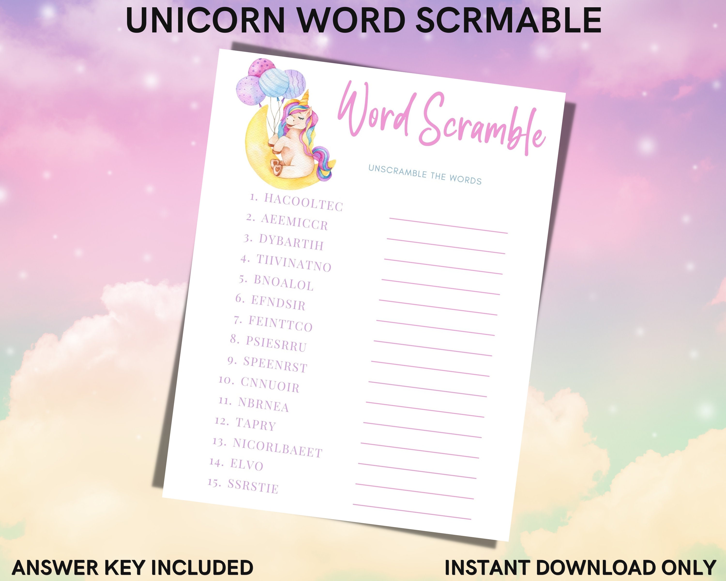 Unicorn Word Scramble Party Game for Girl Birthday/ Sleepover/ - Etsy