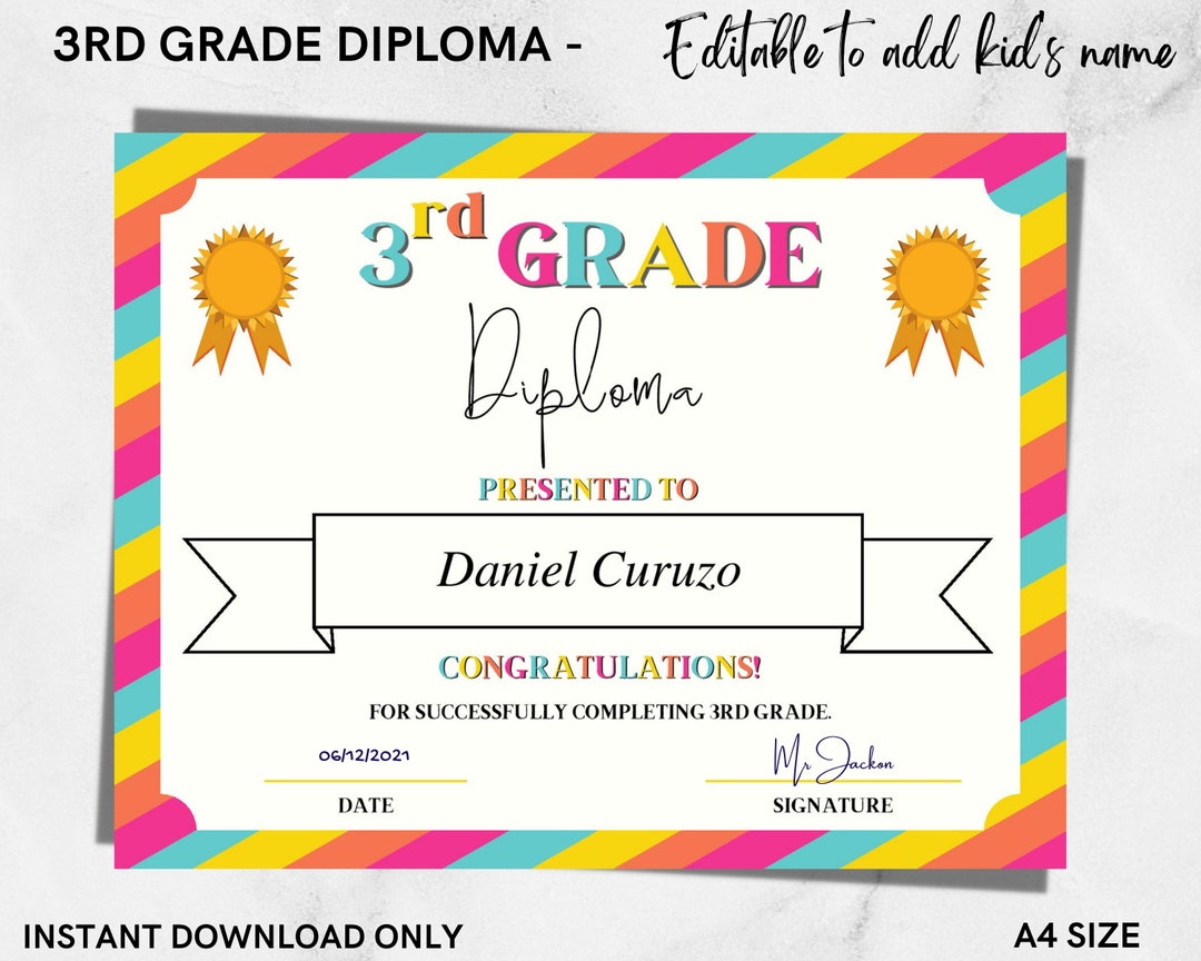 Rainbow 3rd Grade Diploma/ Certificate Printable End of - Etsy