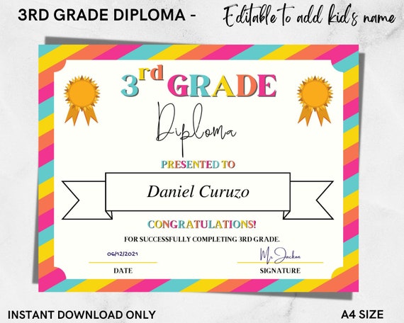 Rainbow 3rd Grade Diploma/ Certificate Printable End of - Etsy