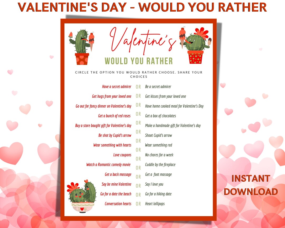 Valentine's Day Would You Rather Game for Fun Party Activity - Use for ...