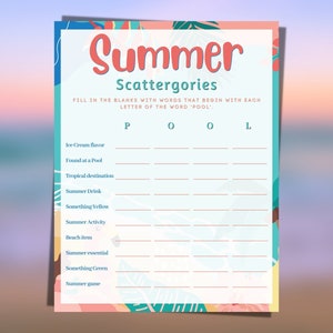 Summer Scattergories Game Printable Use for Summer Beach | Etsy